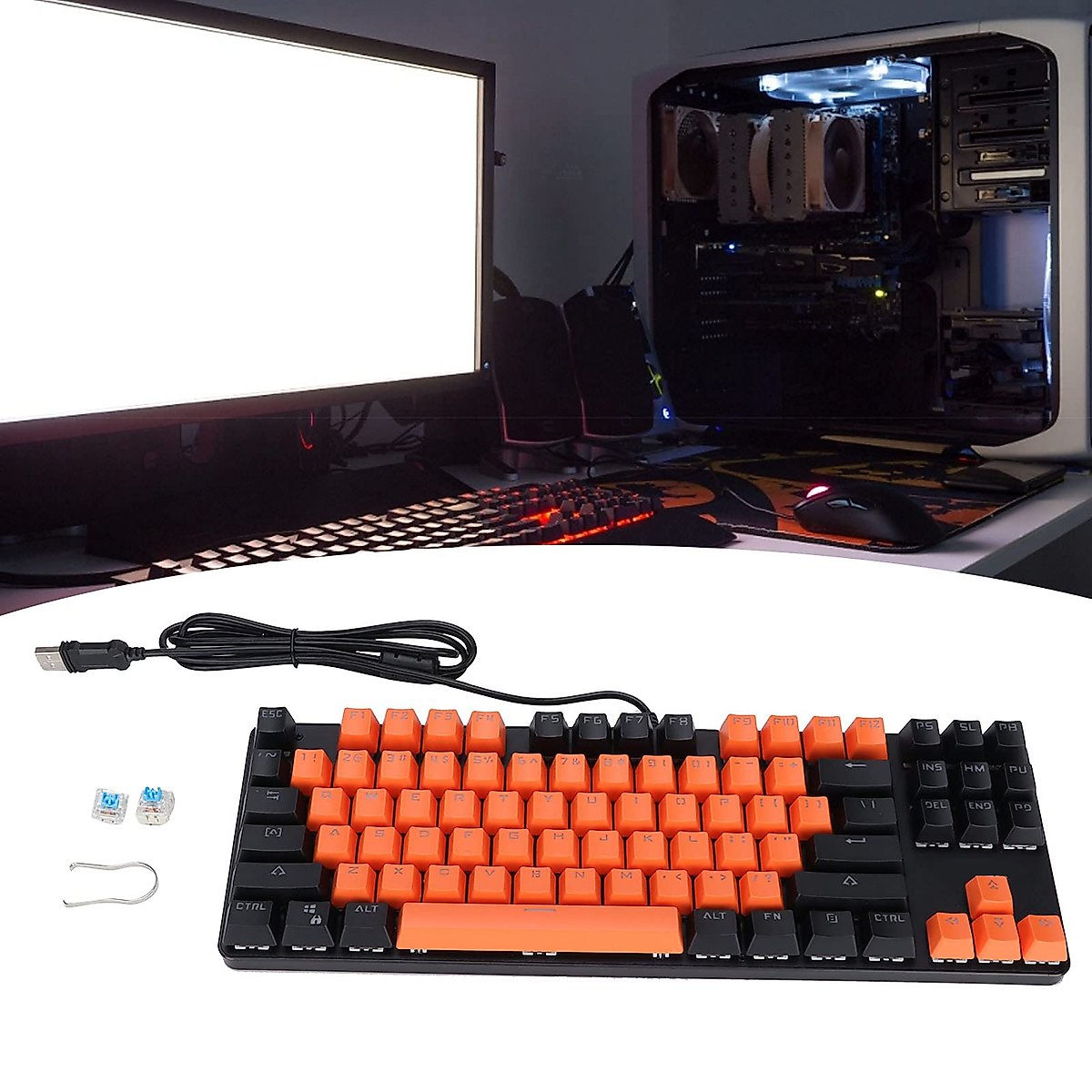 753 Wired Mechanical Keyboard, 87 Keys Blue Switch Two‑Tone Keycap Gaming Keyboard, Black & Orange Gaming Keyboard for PC Gamer Computer(75391b48gnask362)