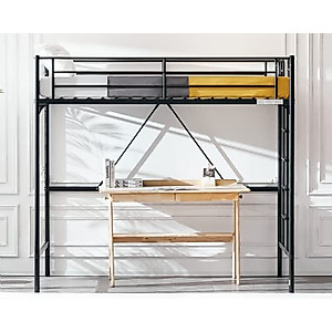 Bonnlo Metal Loft Bed with Stairs and Flat Rung, Junior Loft Bed Twin Size High Loft Bed for Kids/Teens/Adults, No Box Spring Required, Black