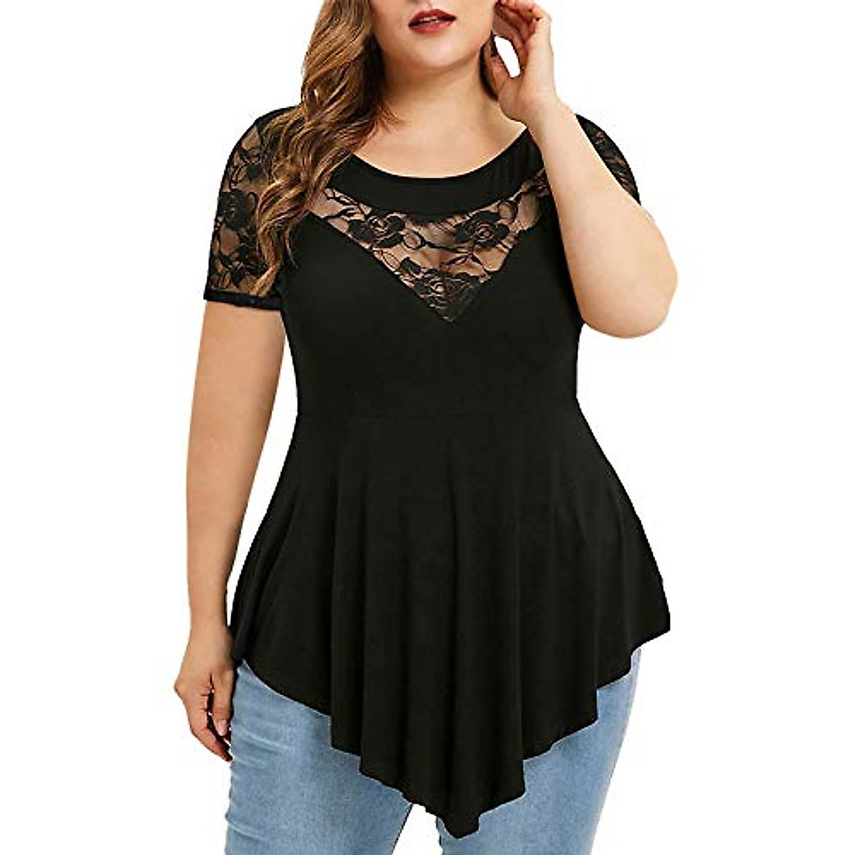 Chvity Women Summer Elegant Blouses O-Neck Short Sleeve Lace Tunics for Summer Shirt Tops 1X Black