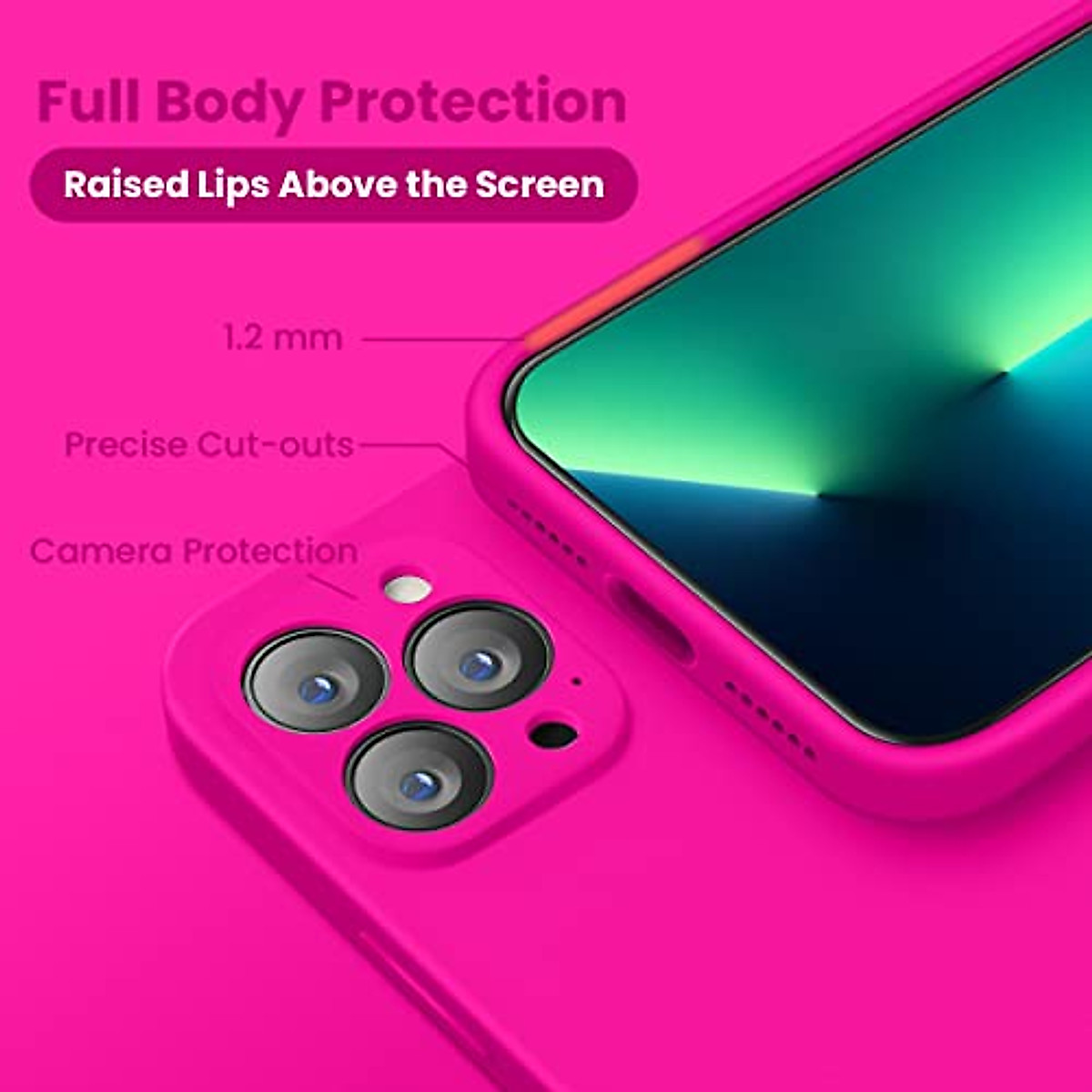 Cordking Designed for iPhone 13 Pro Max Case, Silicone Full Cover [Enhanced Camera Protection] Shockproof Protective Phone Case with [Soft Anti-Scratch Microfiber Lining], 6.7 inch, Hot Pink