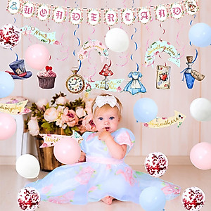 Alice in Wonderland Party Decorations, Fiesec Mad Hatter Tea Party Supplies Alice in Wonderland Hanging Swirl Sign Arrow Directional Sign Banner Yellow Blue Pink