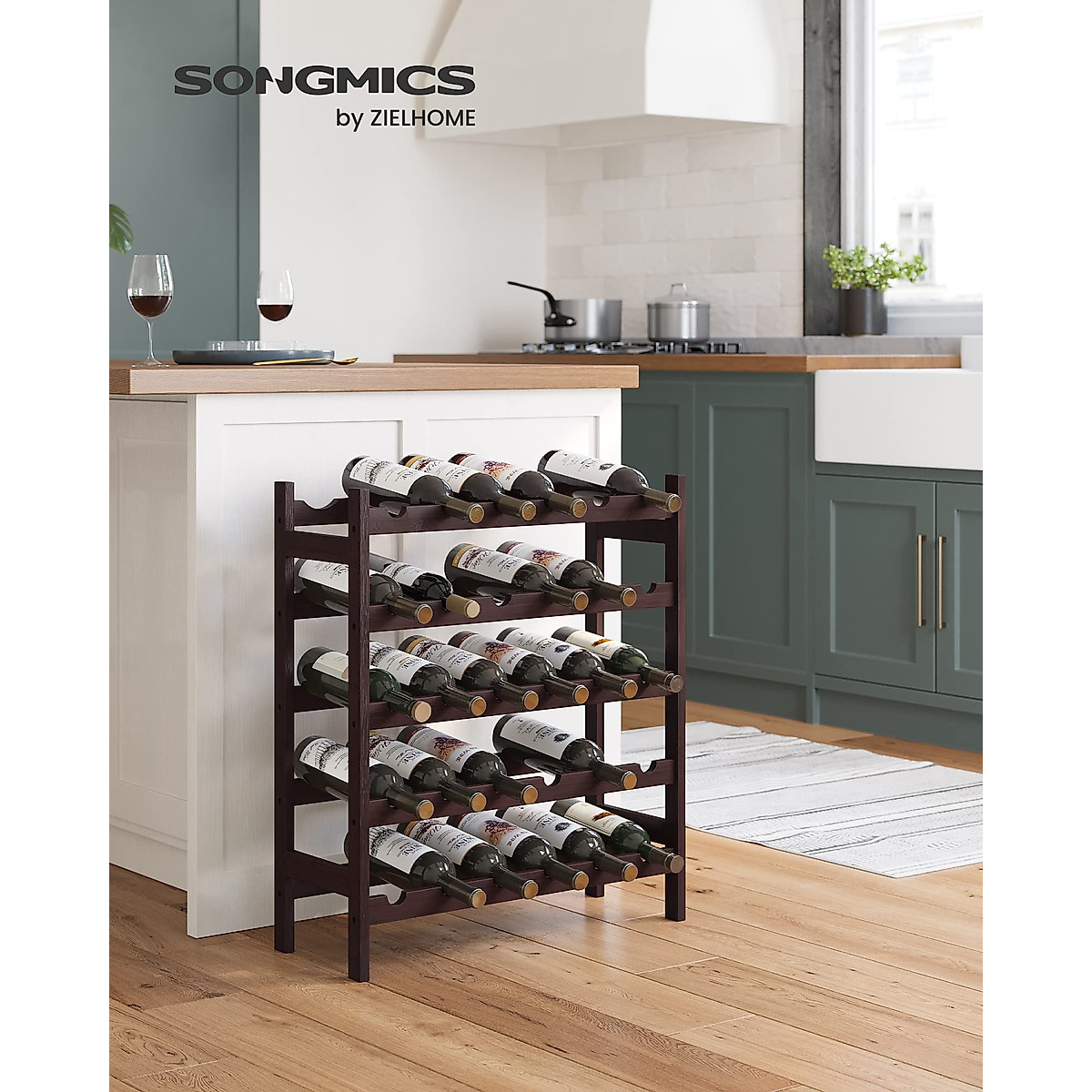 SONGMICS 30-Bottle Wine Rack, 5-Tier Freestanding Floor Bamboo Wine Holder, Display Stand Shelves, Wave Bars, Walnut Color UKWR025D01