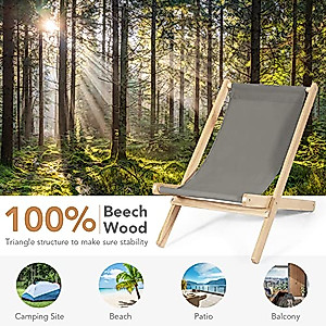 Tangkula Folding Sling Chair, Outdoor Wood Portable Beach Chair with 3-Positions Adjustable Backrest, Patio Lounge Chair with Thick Cushion for Yard Poolside Balcony (2)