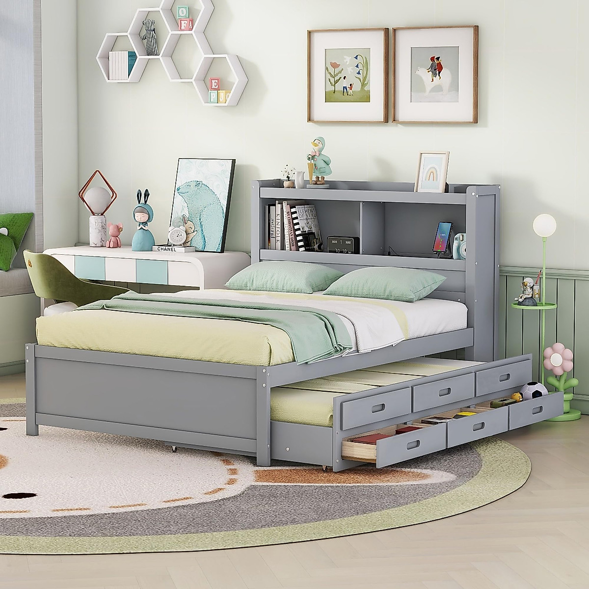 Harper & Bright Designs Full Size Bed with Bookcase Headboard, Wooden Full Size Platform Bed with Trundle and Storage Drawers,Full Storage Bed with USB Ports Outlets for Kids Girls Boys, Grey