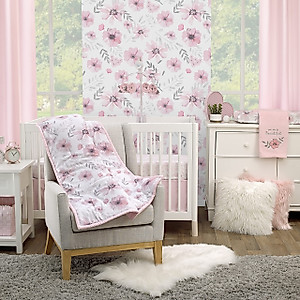 Little Love by NoJo Beautiful Blooms Pink, White, and Grey Floral 3 Piece Nursery Crib Bedding Set - Comforter, Fitted Crib Sheet and Crib Skirt