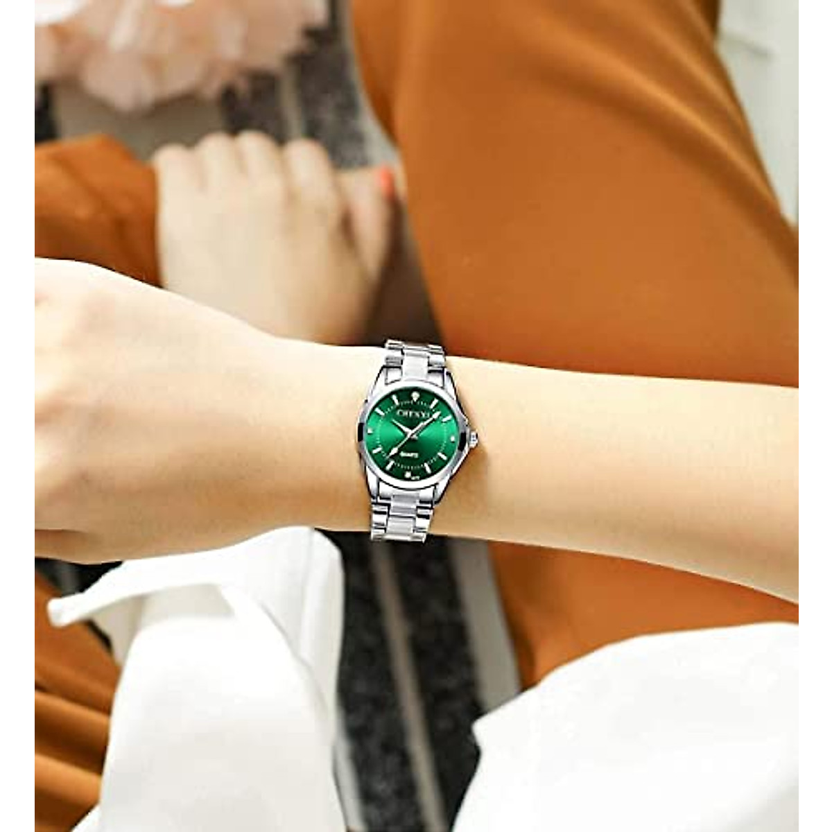 XCZAP Watches for Women Ladies Colorful Dial Simple Girls Stainless Steel Quartz Watch Waterproof Luminous, with Premium Crystal Accented(Green)