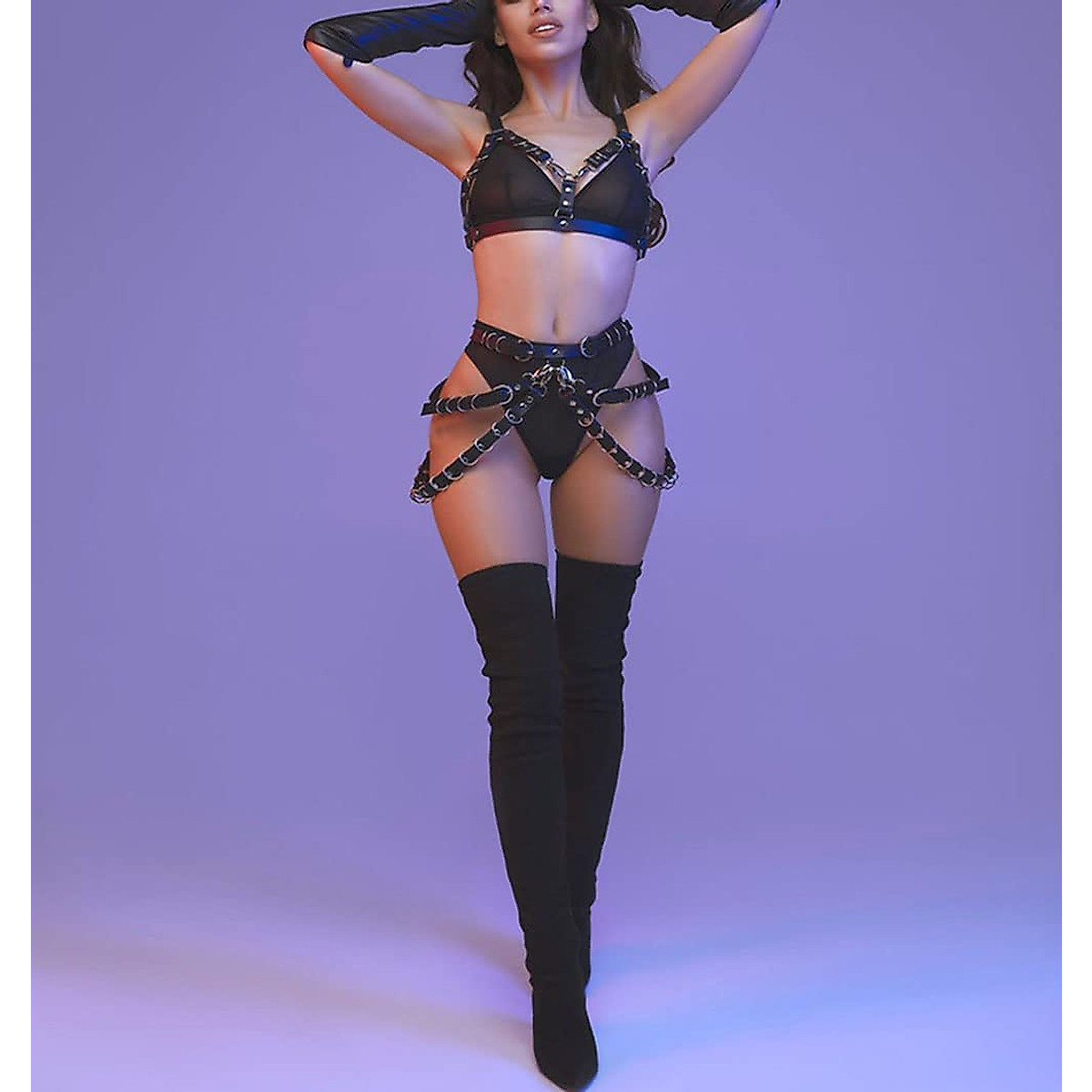 HUI GUO Women's Body Chain Belt Leather Gothic Punk Metal Tassel Waist Belt Adjustable Buckles Vintage Black Rocker for Costume