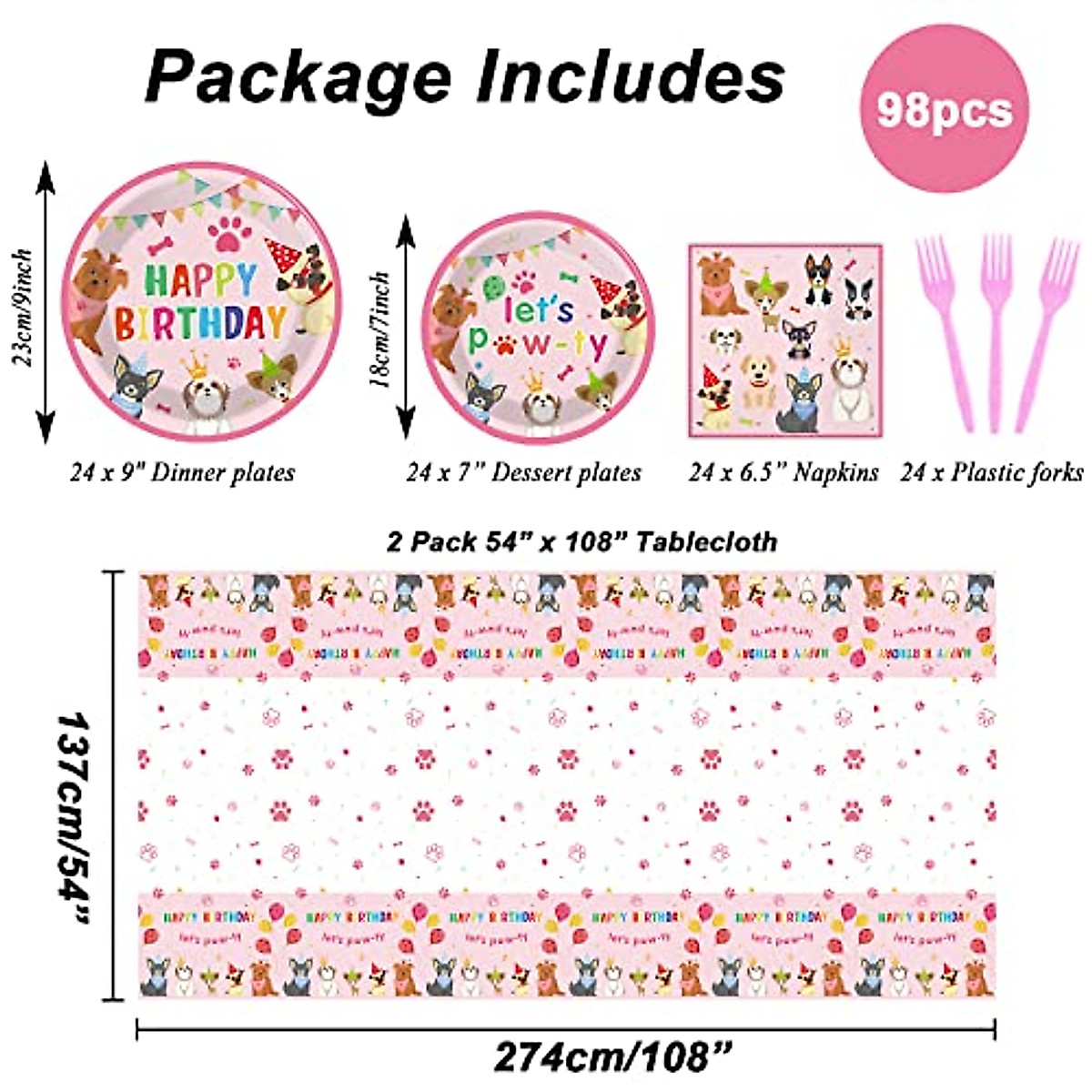 98pcs Dog Birthday Party Decorations Puppy Tableware Set Plates Napkins Pink Dog Theme Tablecloth for Girls Birthday Lets Pawty Party Supplies Kit Pet Dog Table Cover Dinnerware Paw Print Party Favors