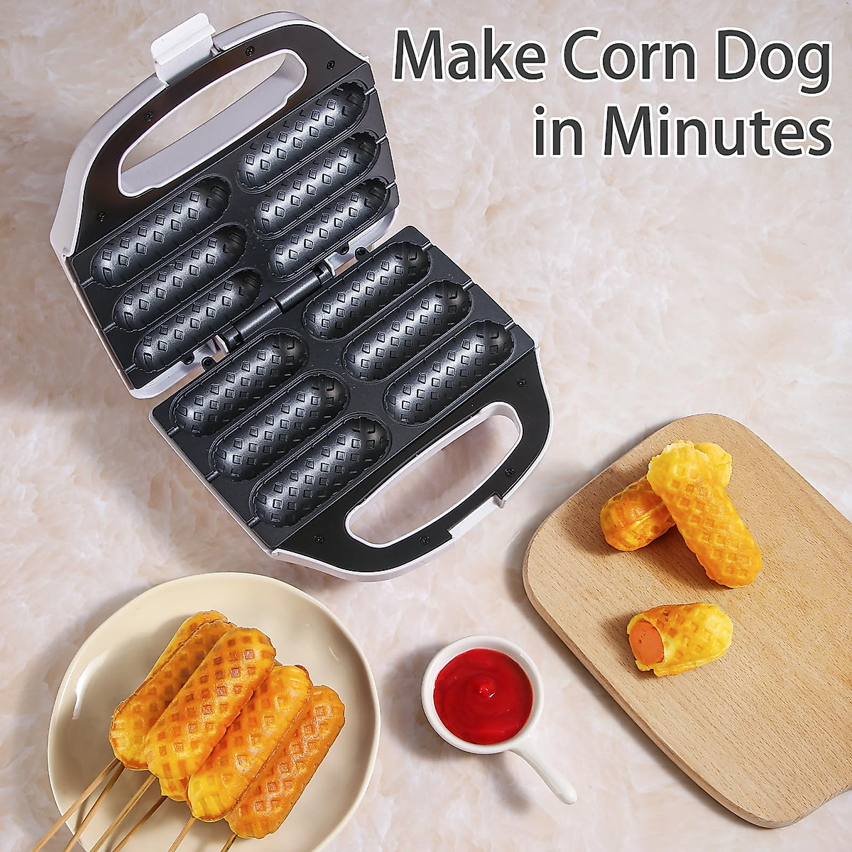 UVFAST Corn Dog Waffle Maker, Hot Dog Waffle Machine with Non-stick Coating Plate, Hot Dog Maker Toaster Make 6 Corn Dogs, Corn Dog Waffle Machine Make Corn Dog in Minutes, Easy to Clean, White