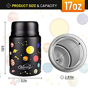 Charcy 17 Ounce Kids Thermos for Hot Food - Soup Thermos with Folding Spoon - Insulated Food Jar for Hot & Cold Food - Straight Black Planet