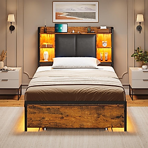 AOGLLATI Twin Bed Frames with Headboard and 2 Storage Drawers, Twin Bed Frame with Charging Station and Led Lights, Modern Upholstered Brown Led Bed Frame Twin,No Box Spring Needed, Vintage