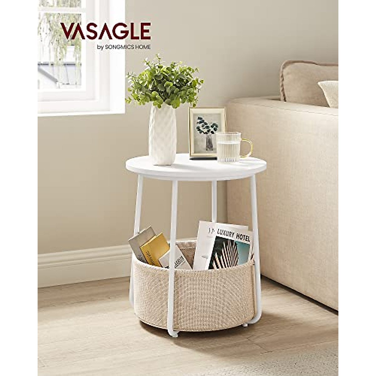 VASAGLE Small Round Side End Table, Modern Nightstand with Fabric Basket, Classic White, Sand Beige, 1 Count