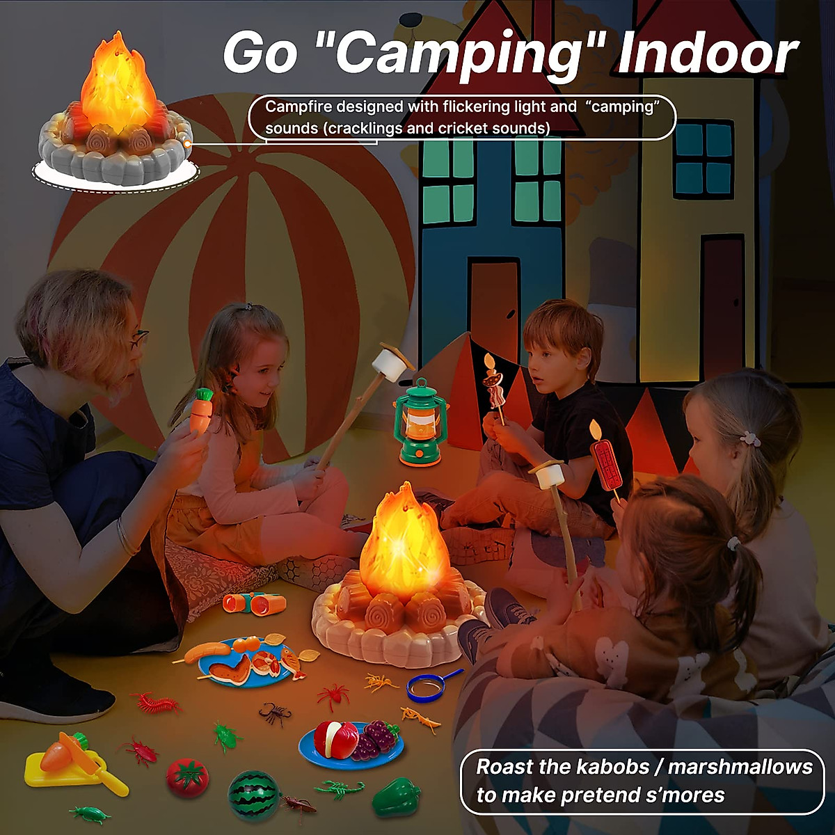 MITCIEN Camping Toys for Kids, Pretend Campfire, Lantern, Safari Hat, Binoculars, Bottle, Toy Food, S'Mores, Toddler Camping Play Set Indoor Outdoor Toys for Kids 3-5 and Up, Boys Girls Gift