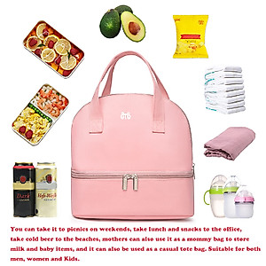 Lovyan Insulated Lunch Bag Double Deck Simple Bento Cooler Bag Water-resistant Lunch Tote Bag for Lunch Box for Women Men Adult Picnic Working Hiking Beach (Pink)