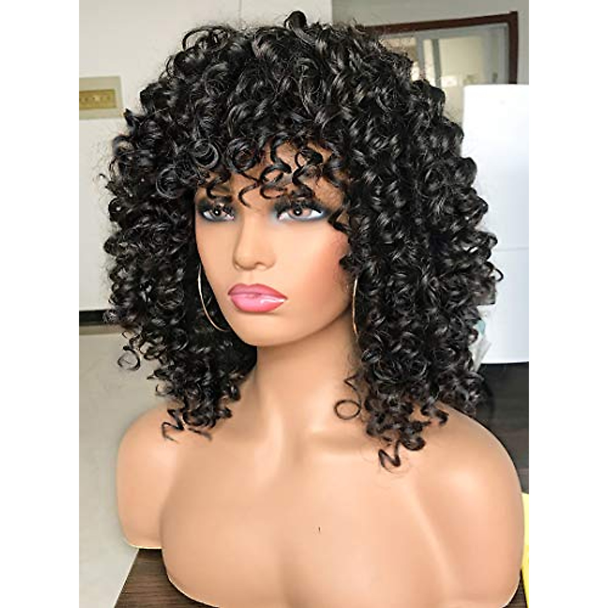 CiCi Short Curly Wigs For Black Women With Bangs Afro Short Kinky Curly Big Bouncy Hair Wig 12inch in Front 14 inch Back