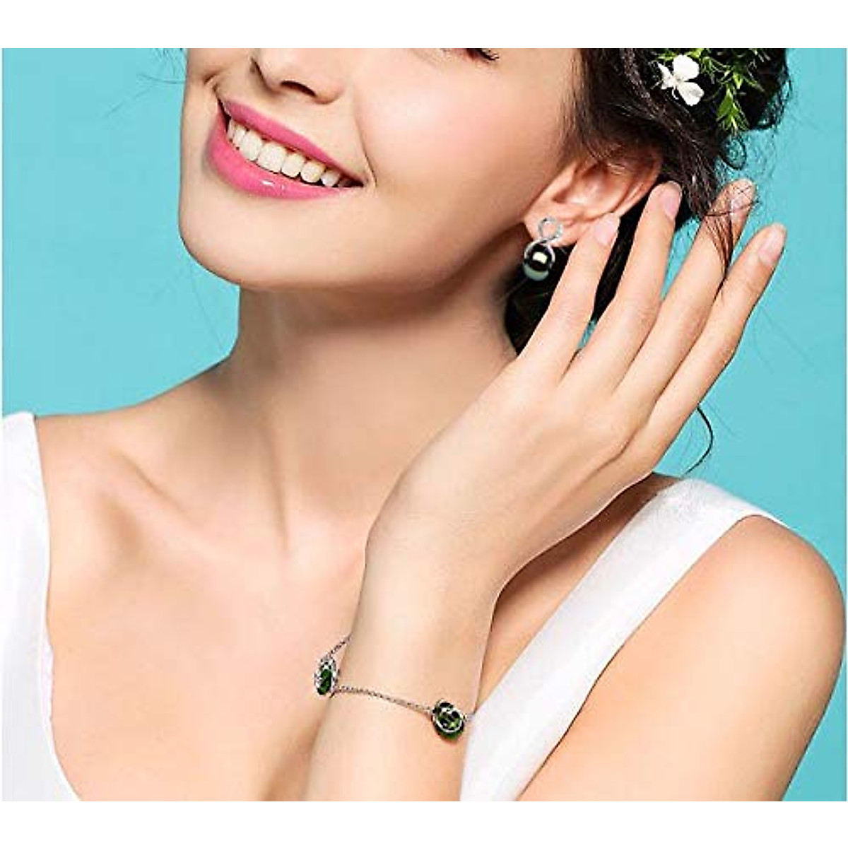 CHAULRI Infinity Earrings AAA Top Grade Genuine Tahitian Black Pearl 8-9mm 18K Gold Plated 925 Sterling Silver – Birthday Anniversary Jewelry Gifts for Women (18K White Gold)