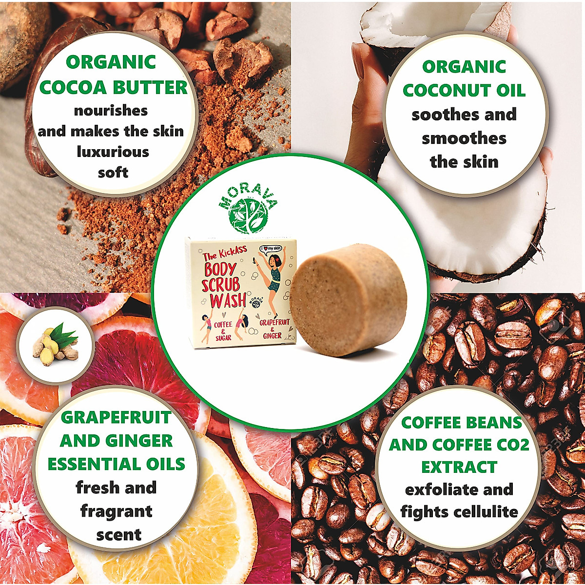 Morava Exfoliating Body Scrub Bar - Natural Coffee & Sugar Body Scrub for Smooth, Nourished & Glowing Skin, Vegan, Cruelty free Sugar scrub for body(Grapefruit and Ginger, 3.17 oz)