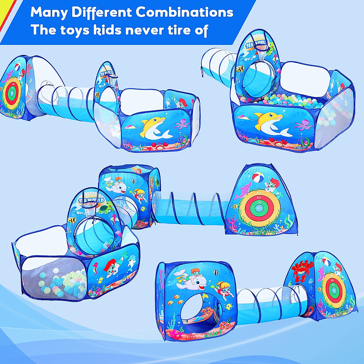 5pc Baby Ball Pits for Toddlers, Kids Play Tent and Play Tunnel, Children Indoor Outdoor Playhouse with Crawling Toys, Boys and Girls Best Birthday Gifts (Balls Not Included)