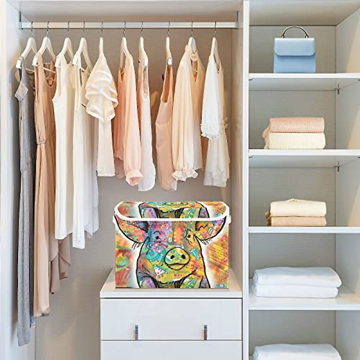 Piggy Storage Bins with Lids and Handles 17x13x12 In Foldable Fabric Storage Basket Toys Clothes Organizer for Shelves Closet Home Bedroom Office