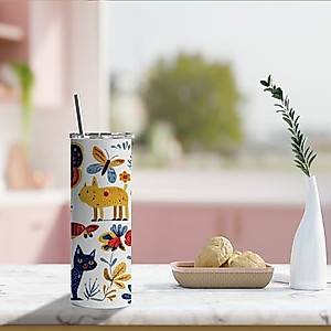 Tumbler with Lid and Straw Abstract Flora and Fauna Print thermos coffee travel mugcute cups 20 oz insulated tumbler for Daily Holiday Decor Gift coffee cup