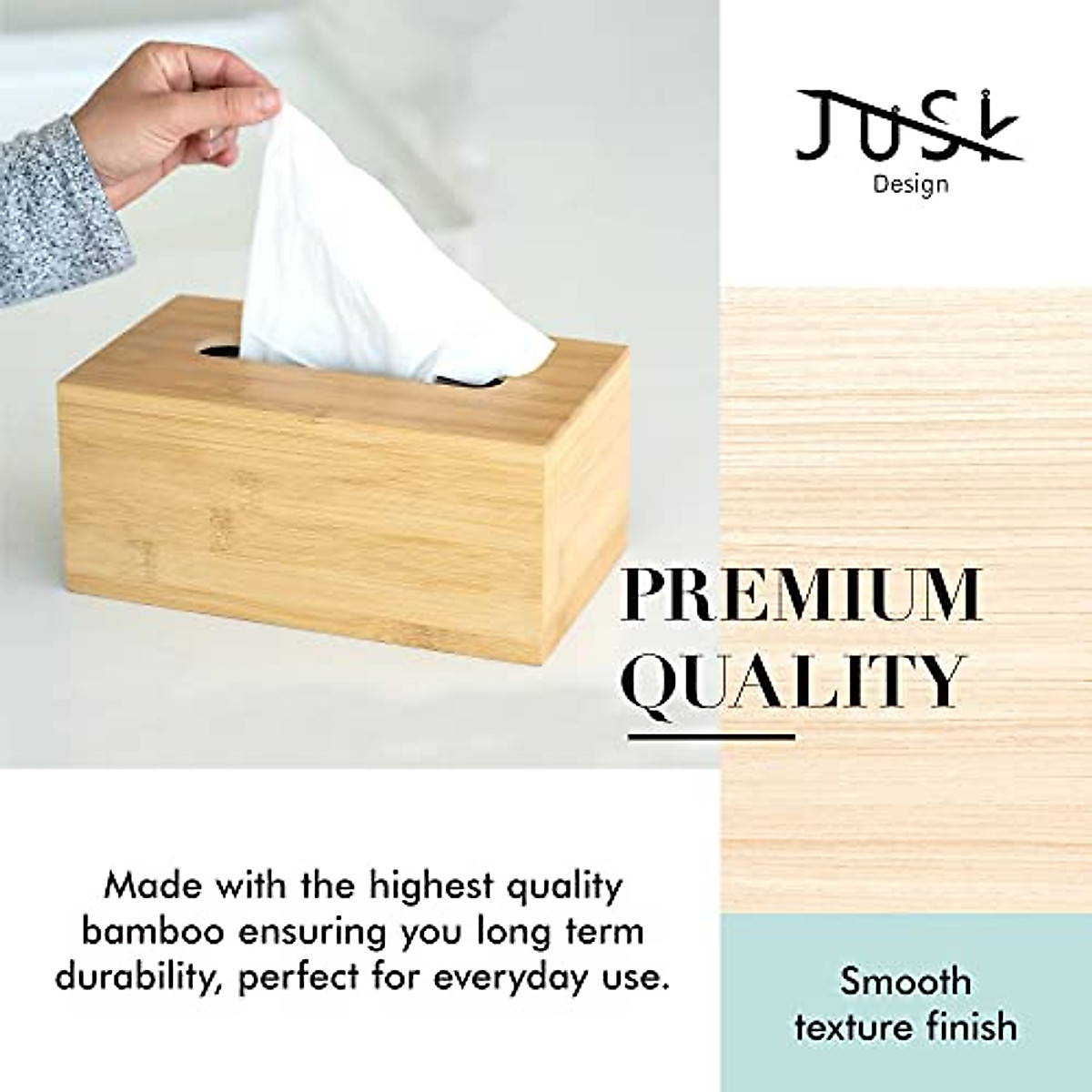JUSK Design Tissue Box Holder, Modern, Minimalist, and Durable Wooden Tissue Box with Sliding Bottom, Easy-Refill Premium-Quality Bamboo Tissue Box Cover, Fits 184-Count Box, Rectangular