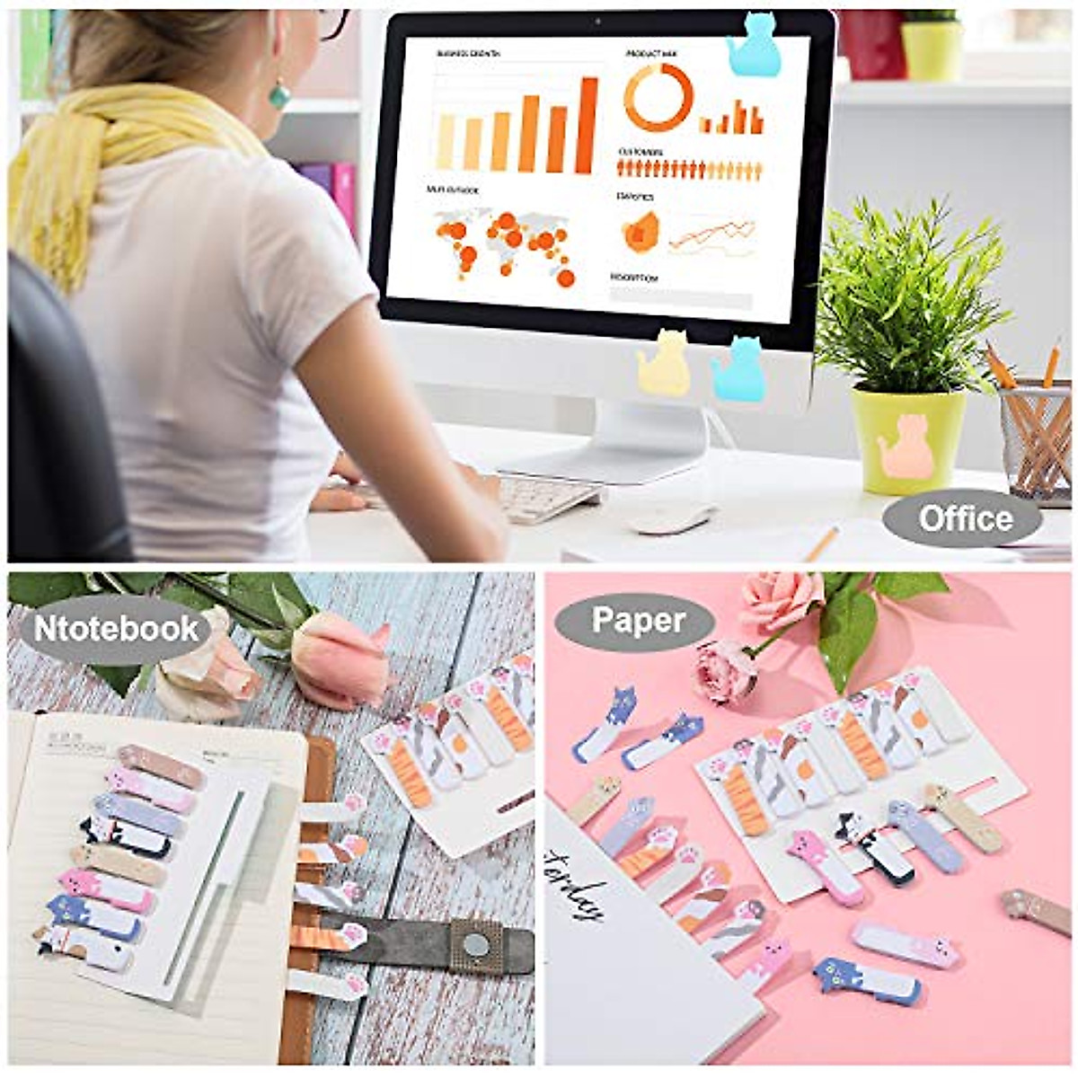 Cat Office Supplies Cat Sticky Notes Paper Clips Index Tabs Cat Gel Ink Pens Cat Shaped Bookmark Cartoon Stickers Set for Cat Lovers Kids Women Girl Work School Office(Cute Style)