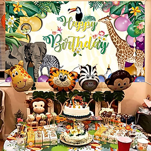 Happy Birthday Banner for Jungle Safari Theme Birthday Party Decorations, Fabric Animal Zoo Theme Birthday Party Backdrop Tropical Forest Poster for Boys Girls Birthday Party Wall Supplies, 185*110cm