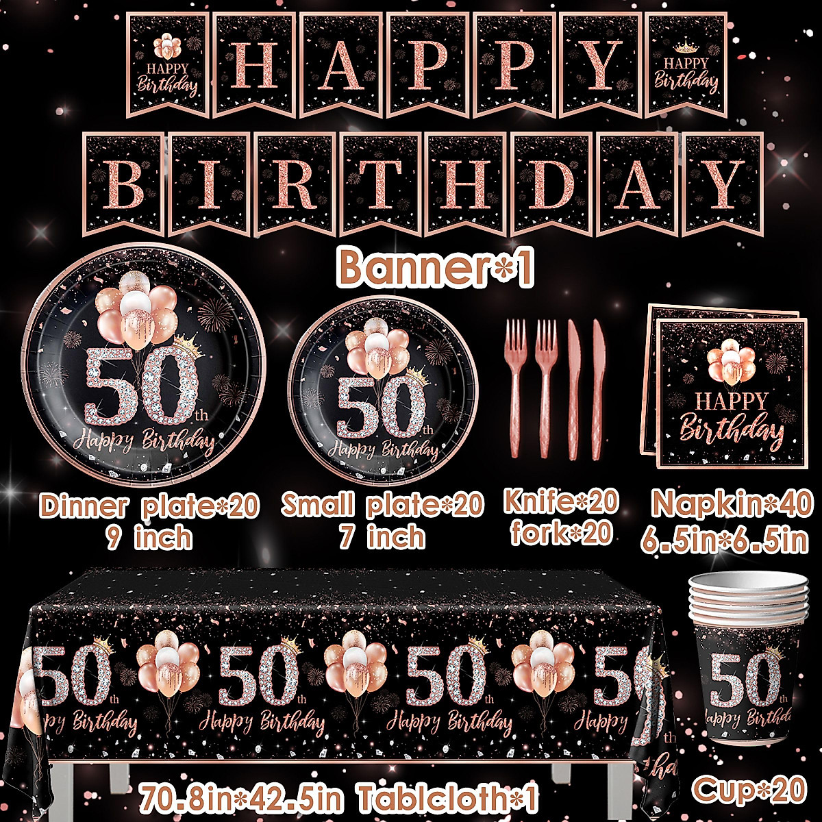142Pcs 50th Birthday Tableware Decorations for Women Rose Gold Happy 50 Birthday Themed Tableware Set Disposable Tablecloth,Plates,Napkins,Cups,Forks and Knives of 50 Years Old Birthday Party