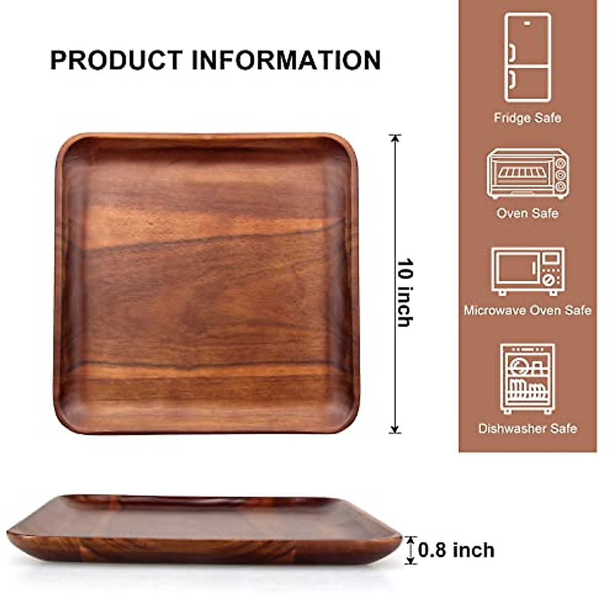 10 Inch Best Square Acacia Wood Dinner Plates Set of 2 Decorative Wooden Serving Platter for Food Fruit Tray Appetizer Dessert Salad Plates Charger Plates Charcuterie Boards