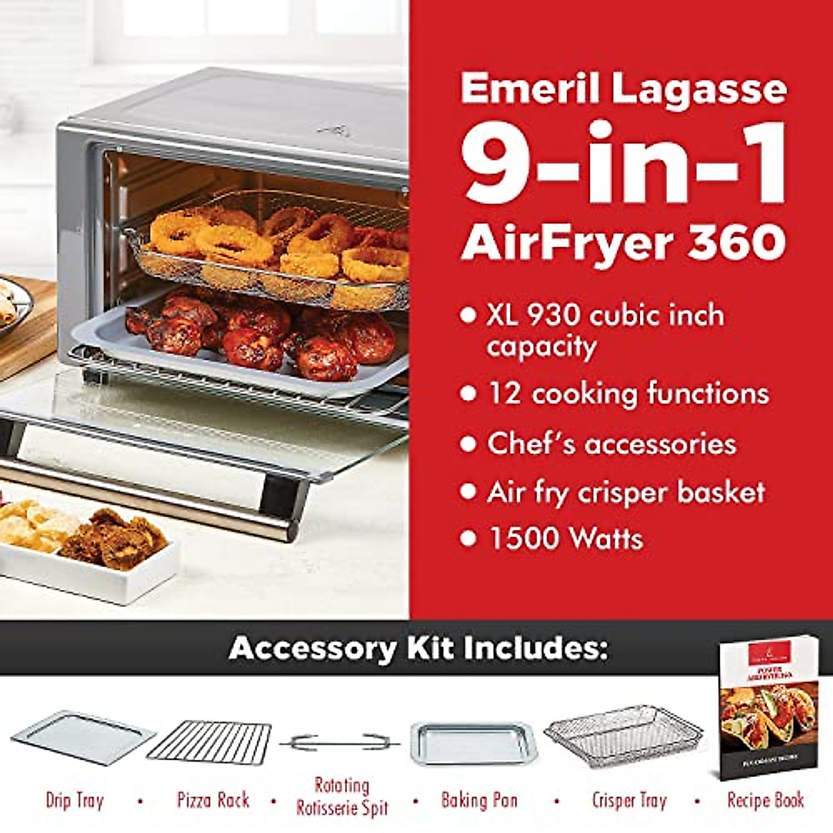 Emeril Lagasse Power Air Fryer 360 Better Than Convection Ovens Hot Air Fryer Oven, Toaster Oven, Bake, Broil, Slow Cook and More Food Dehydrator, Rotisserie Spit, Pizza Function Cookbook Included (Stainless Steel)