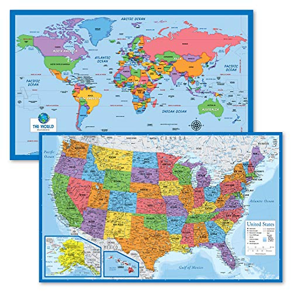 2 Pack - World Map for Kids + Blue Ocean USA Map (Laminated, 18" x 29")