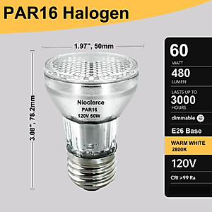 Nioclerce PAR16 Light Bulb - 2 Pack Long Lasting PAR16 Halogen Bulb 60W 120V E26 Base Warm White 2800k, PAR16 Flood Bulb Dimmable, Halogen PAR16 Bulb 60W for Range Hood Lights,Ceiling Fan,Table Light