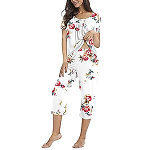 POPYOUNG Women's Pajamas Sets, Summer Short Sleeves Tunic Top with Comfy Capri Pants, Lounge Sleepwear 2 piece Ladies Pjs Sets with Pockets XL, Floral White