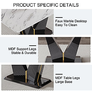 Pvillez 63 inch Marble Dining Table, Modern Dining Table for 4 6 People, Kitchen Table with Rectangular White Faux Marble Top & V Shape Pedestal Base Dinner Table for Dining Room Kitchen Living Room