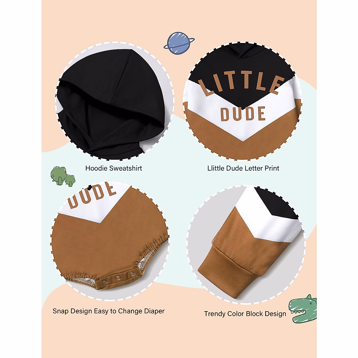 AGAPENG Baby Boy Clothes 3-6 Months Color Block Hoodie Sweatsuit Oversized Sweatshirt Onesie Romper Long Pants Fall Baby Boy Clothes Baby Boy Winter Clothes Thanksgiving Outfit Brown