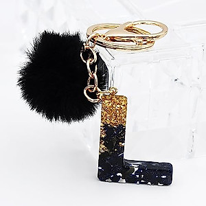 Lucky 26 Initials Letter Keychain Black Plush Ball Keyring Resin Letter Pendant Gift for Women Girl (Black Plush Ball letter-L)