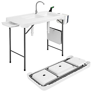 Allpop Folding Fish Cleaning Table with 2 Sinks, 42.5’’ Portable Camping Fish Fillet Station with Faucet, Spray Nozzle, Drain Hose, Storage Box, Built-in Drawer& Knife Groove for Picnic, White