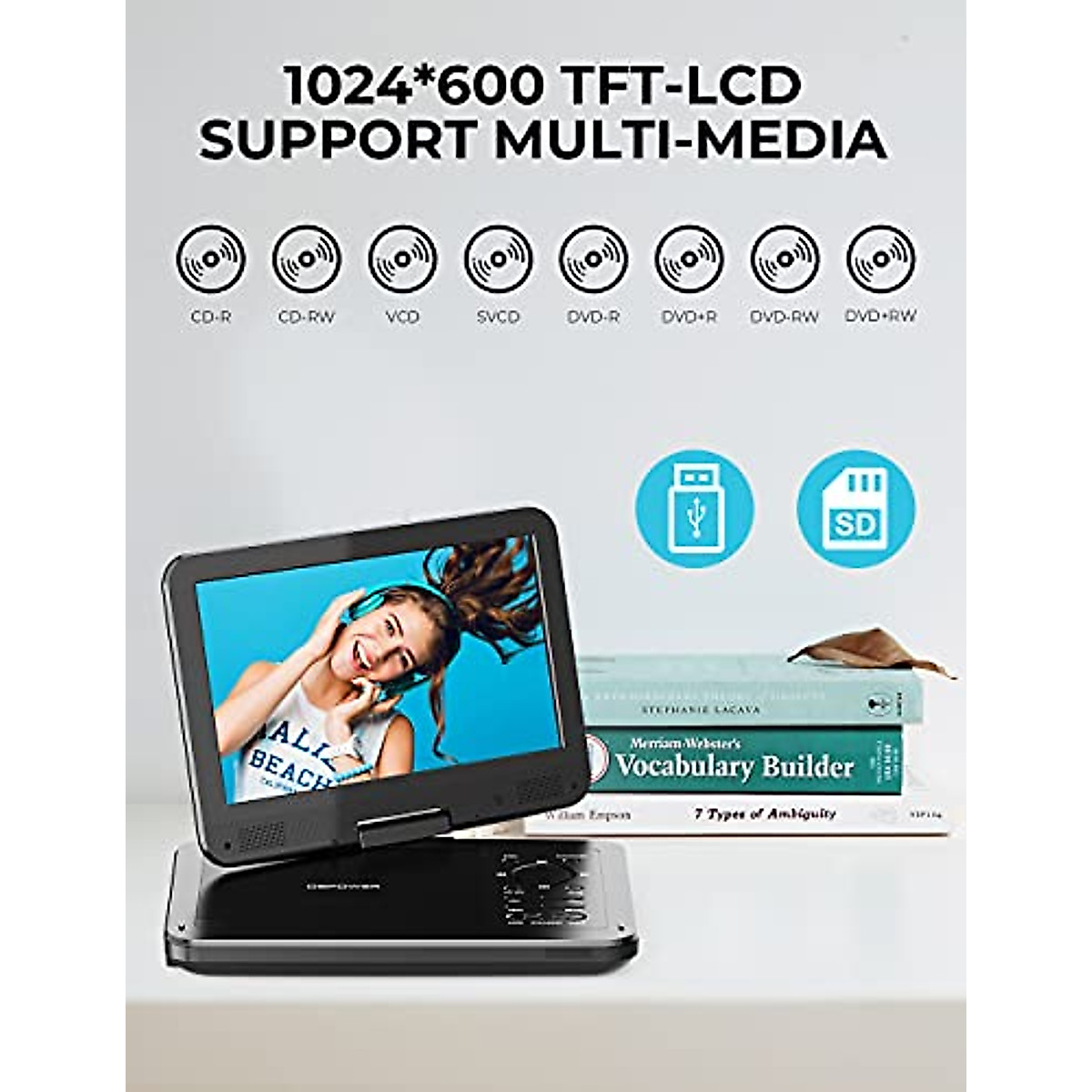 DBPOWER 12" Portable DVD Player with 5-Hour Rechargeable Battery, 10" Swivel Display Screen and SD/ USB Port, with 1.8m Car Charger, Power Adaptor and Car Headrest Mount, Region Free (Black)