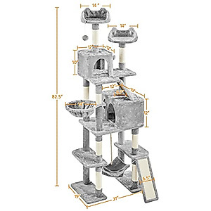 Yaheetech 82.5in Large Cat Tree, Multi Level Cat Tower w/ 2 Cozy Condos, 2 Cat-Ear Perches, Scratching Posts, Hammock, Basket, Cat Furniture for Indoor Cats, Kittens, Light Gray
