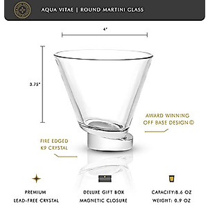 JoyJolt Aqua Vitae Martini Glass Set of 2. Crystal Glassware, Round Drinking Glasses with Off Set Base. Stemless Cocktail Glasses and Dessert Glasses. Unique Christmas Gifts