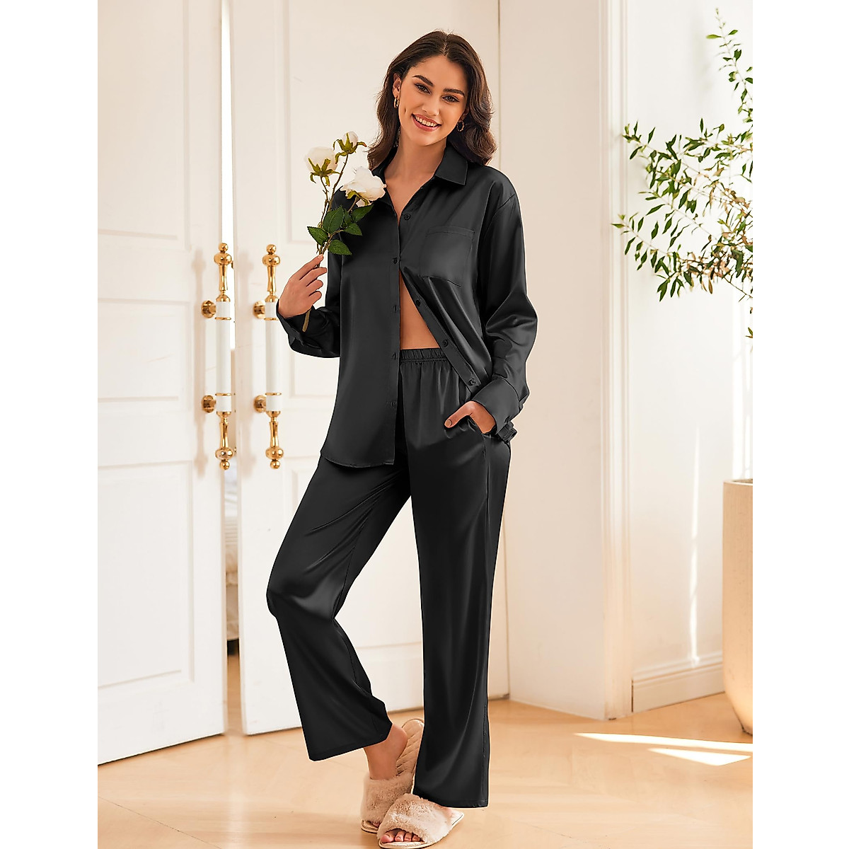 Ekouaer Womens 2 Piece Silk Satin Pajama Set Long Sleeve Lounge Sets Button Down Shirts and Pants PJs Soft Sleepwear Sets Black M