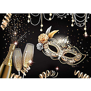 Masquerade Party Backdrops Retro Gold Black Mask Carnival Birthday Photography Backdrop 7x5ft Vinyl Fiesta Mardi Gras Dance Photo Background Champagne Glass Photo Booths Props Decorations