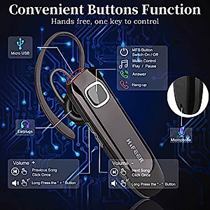 HIFEER Bluetooth Headset V5.0, Wireless Bluetooth Earpiece,Hands-Free with Built-in Mic for Driving/Business/Office,CVC8.0 Noise Cancelling Bluetooth Headphone for iPhone Android Samsung, Black