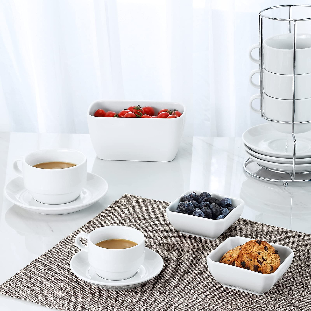 Yedio Porcelain 8 oz Coffee Cups with Saucers and Metal Stand, Porcelain Stackable Cappuccino Cups with Metal Stand, White, Set of 4