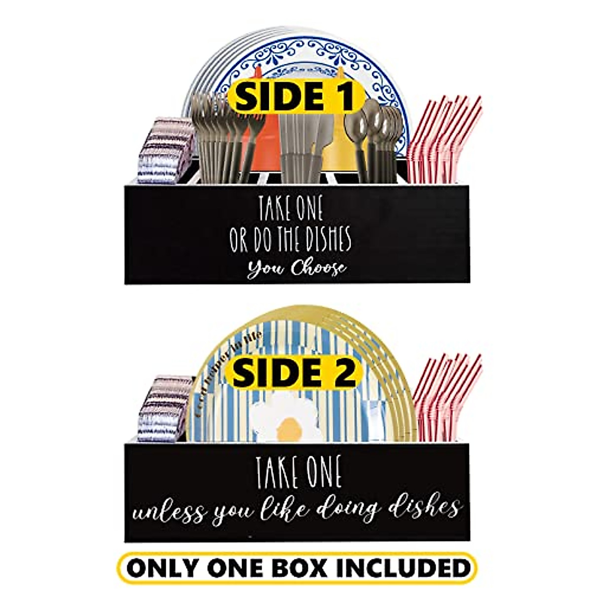 Paper Plate Holder, Plastic Silverware Caddy, Plastic Utensil Dispenser for Party Buffet Camping BBQ, Disposable Spoon Fork Knives Dish Cup Napkin Storage Organizer for Kitchen Counter (Black)