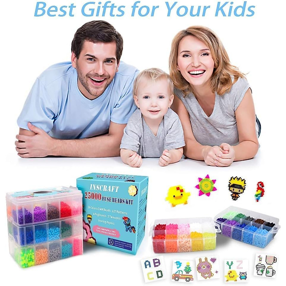 Fuse Beads, 25,000 pcs Fuse Beads Kit 26 Colors 5MM, Including 127 Patterns, 4 Big Square Pegboards, 1 Heart Pegboards, 1 Flower Pegboards, Ironing Paper, Tweezers, Beads Compatible by INSCRAFT