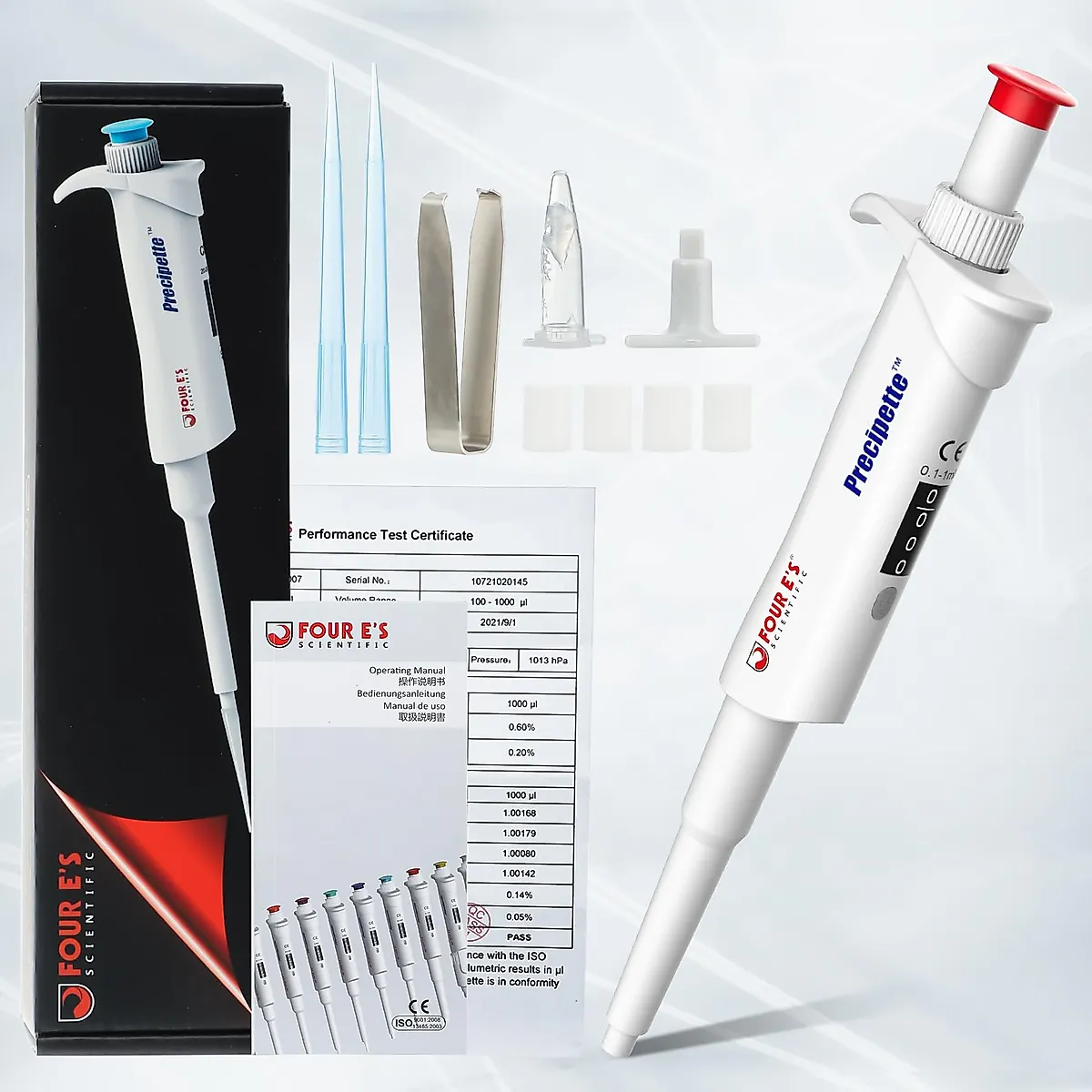 4E's USA Pipette - 100-1000μl Micropipette, Adjustable Volume Pipette with Autoclavable Lower Portion, Universal Tip Cone Single Channel Pipettes, Laboratory ISO 8655 Calibrated Pipettor