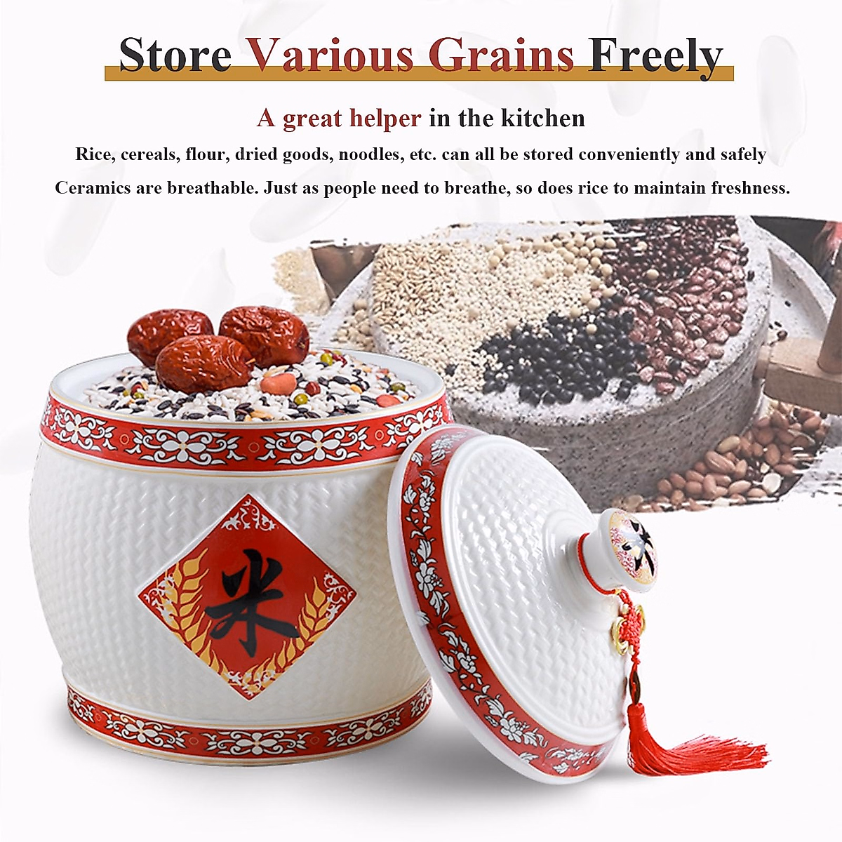 Ceramic Rice Jar With Lid Traditional Chinese Style Food Storage Jars Classic Food Dispensers Ceramic Household Rice Storage Box With Lid Suitable For Cereal, Flour, Sugar, Coffee, Rice(C-30*30*35cm)