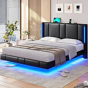 MSmask Queen Platform Bed Frame, Floating Bed with LED Lights, Faux Leather Upholstered Headboard, 2 USB Ports, Under-Bed Storage, No Box Spring Needed, Black