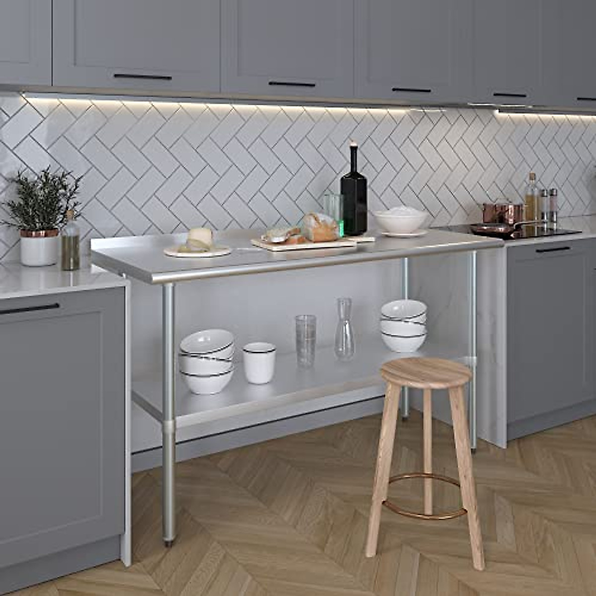 AmGood 60" Long x 24" Deep Stainless Steel Work Table with 1.5" Backsplash | Metal Kitchen Food Prep Table | NSF